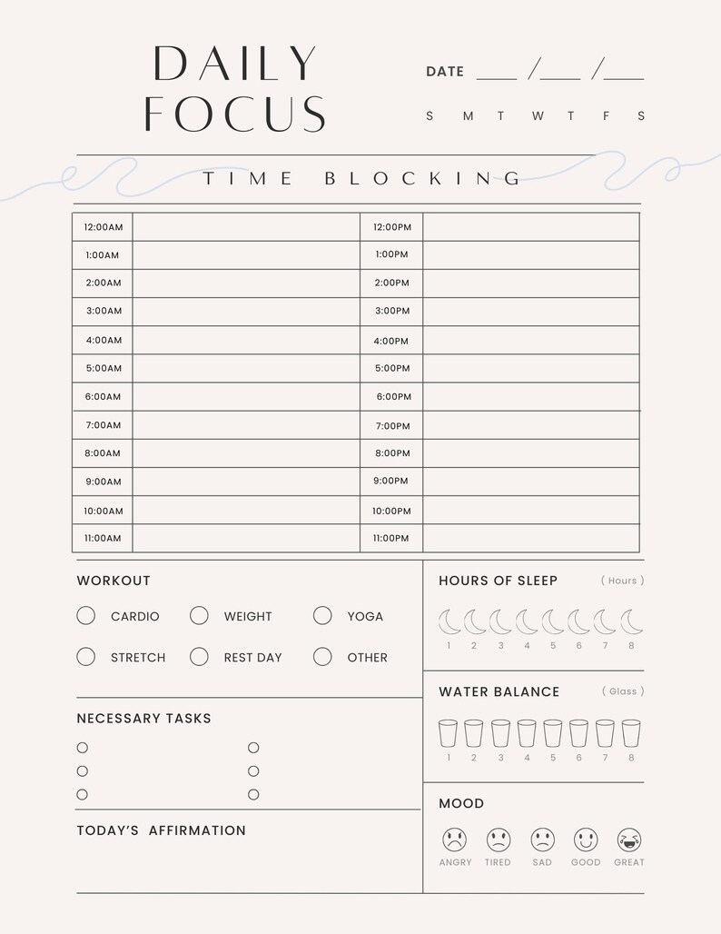 Daily Focus Planner | Aesthetic Digital Self-care Template | Time ...