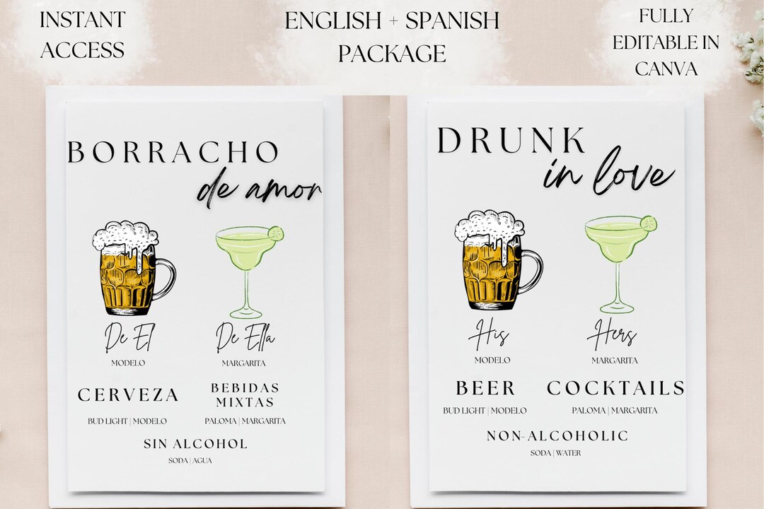 English & Spanish Bar Menus for Wedding, Engagement Party or ...