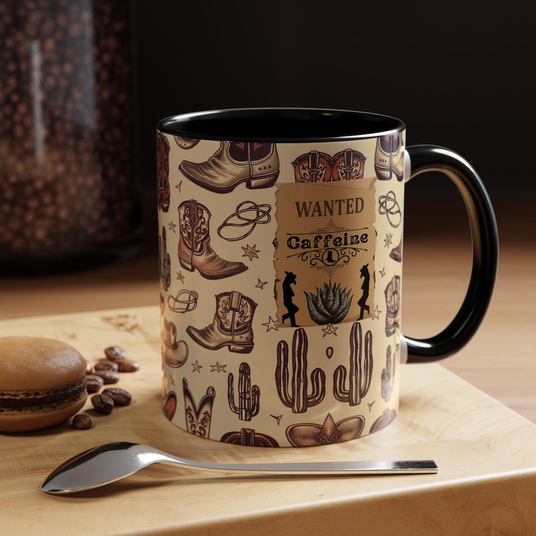 Cowboy Coffee Mug, Vintage Western Cowboy Boots Cactus Wanted Poster ...