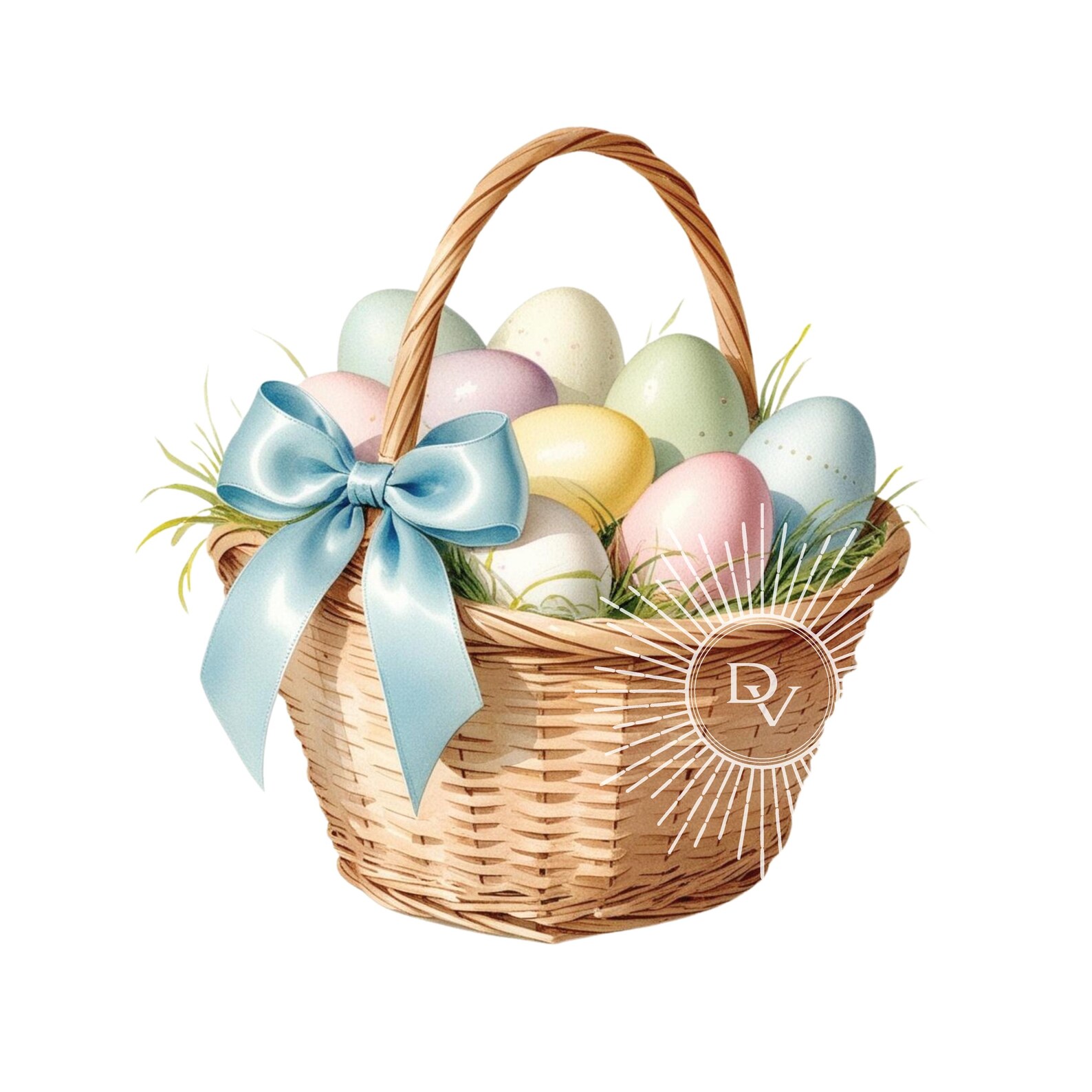 Colorful Easter Basket With Pastel Eggs and Spring Flowers Blue Bow ...