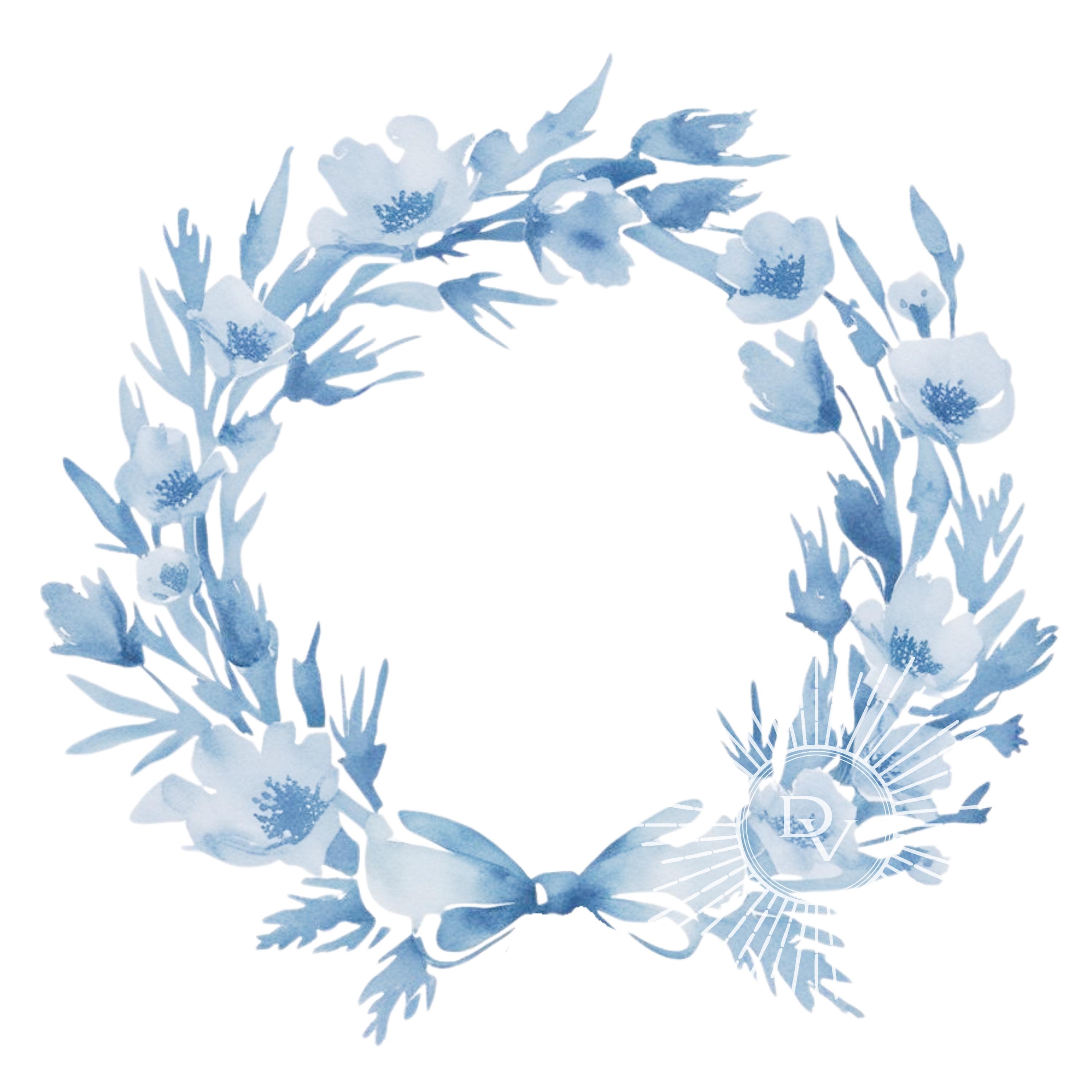 Light Blue Watercolor Floral Wreath With Bow Clipart Watery Flowers DIY ...