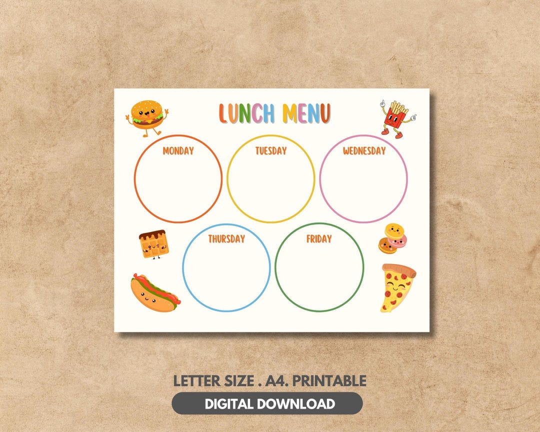 Kids Weekly Lunch Menu Planner Cute & Fun Design Digital Download A4 ...
