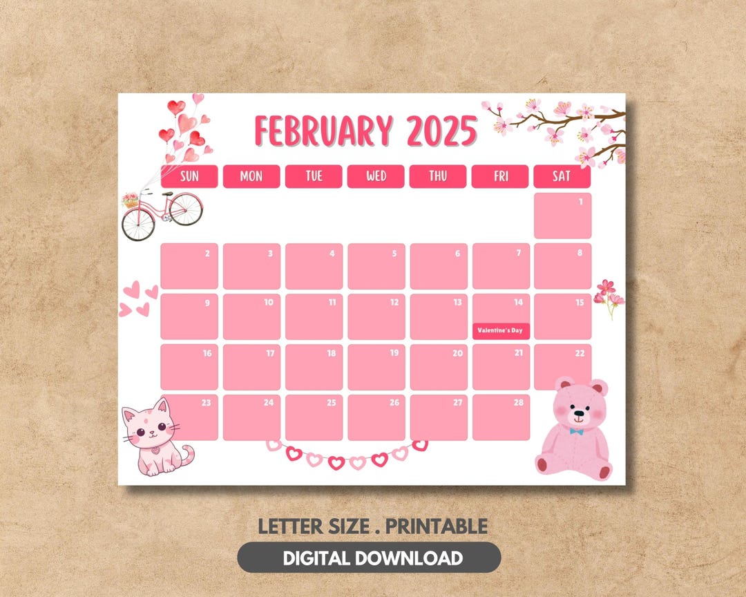2025 February Kids Calendar Printable Adorable Pink Design With Animals ...