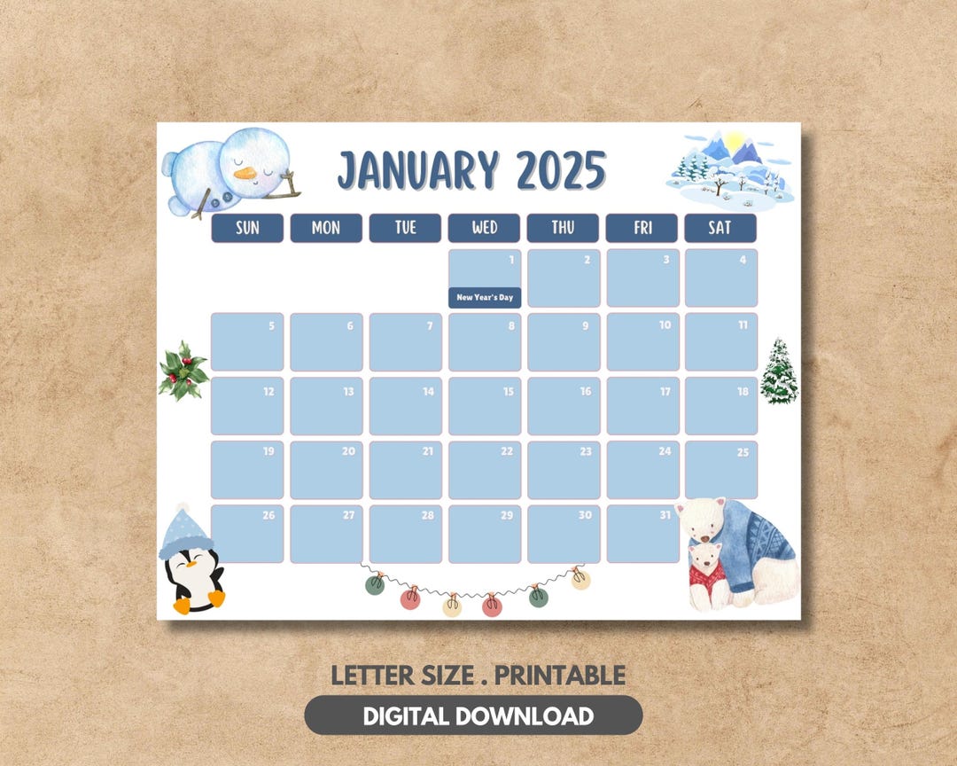 2025 January Kids Calendar Printable Fun Winter-themed Monthly Planner ...