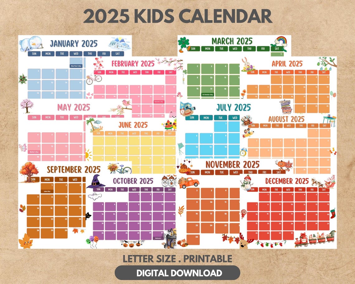 2025 Kids Calendar Printable Colorful Monthly Planner for Kids With Fun ...