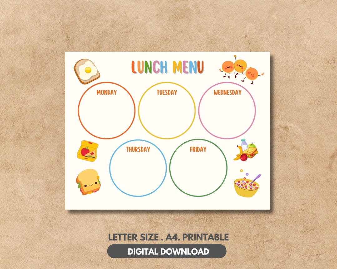 Printable Kids Lunch Menu Organizer, Weekly Meal Planner Template, Cute ...