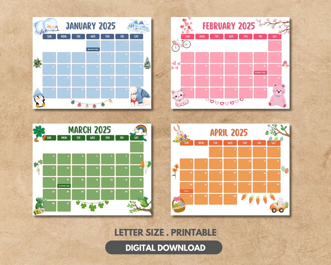 2025 Kids Calendar Printable Colorful Monthly Planner for Kids With Fun ...