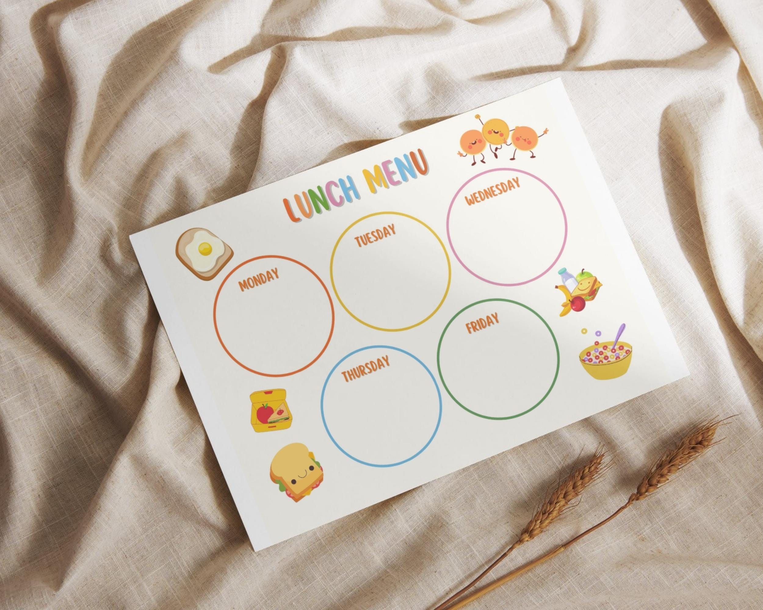 Printable Kids Lunch Menu Organizer, Weekly Meal Planner Template, Cute ...