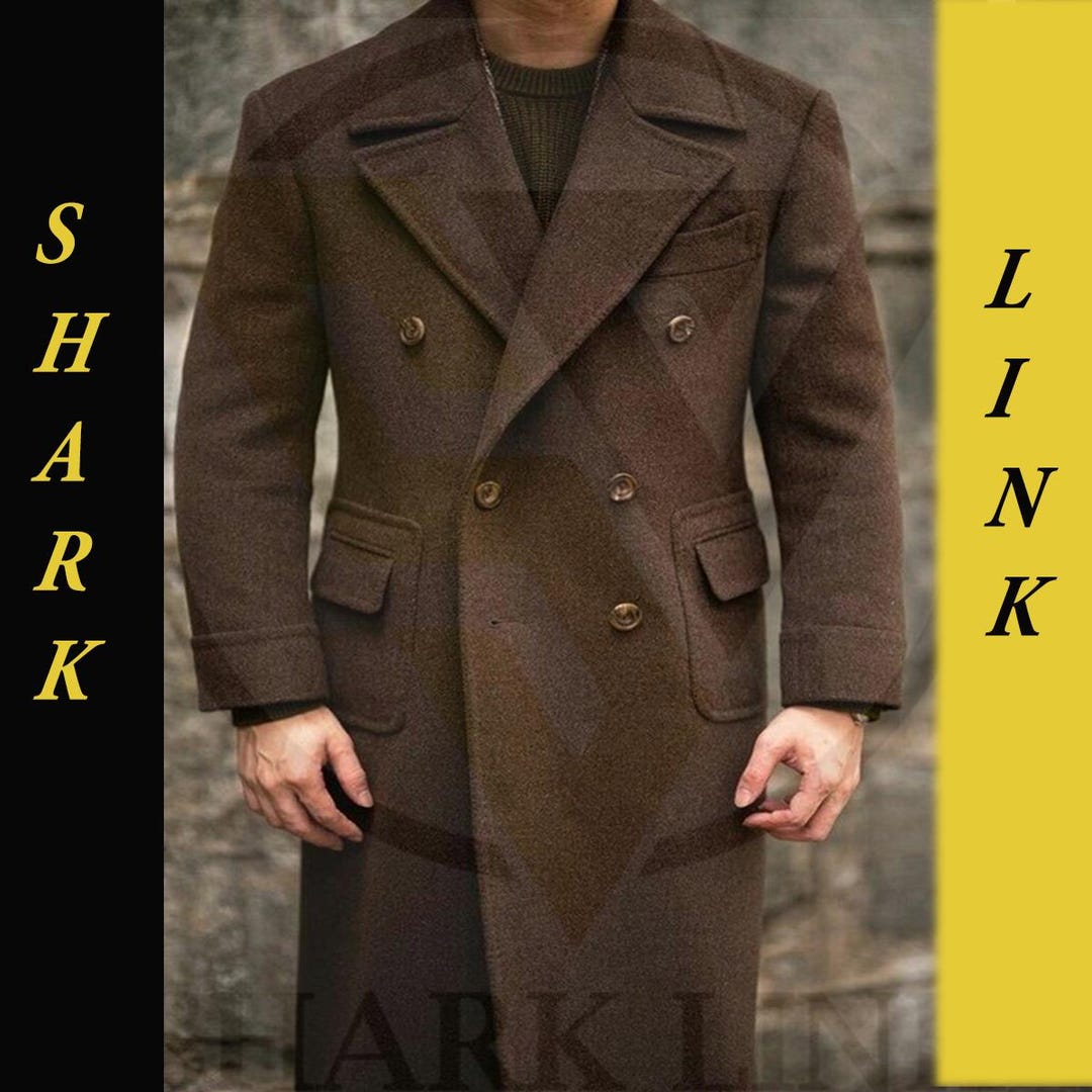 Men Overcoat Wool Blend Long Suits Double Breasted Tuxedos Jackets Peak ...