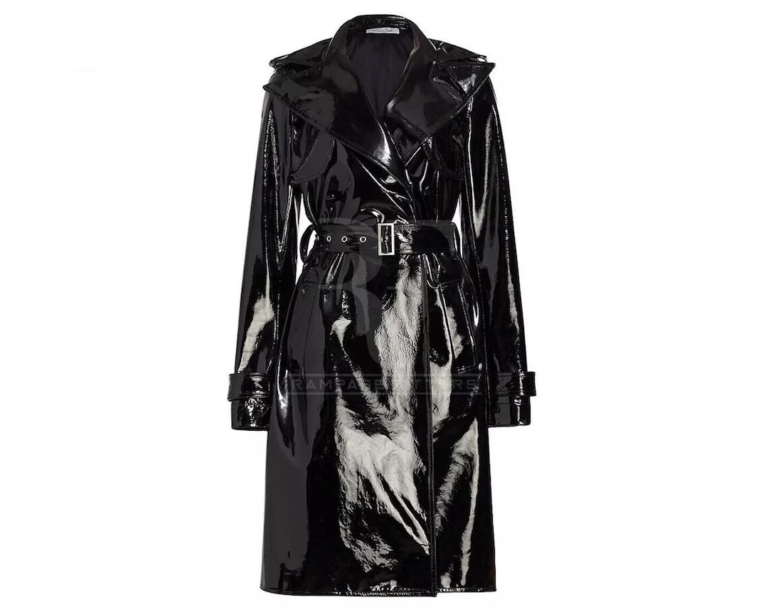 BLACK PVC Vinyl Coat Womens Shinny Trench Long Coat Waterproof Winters ...
