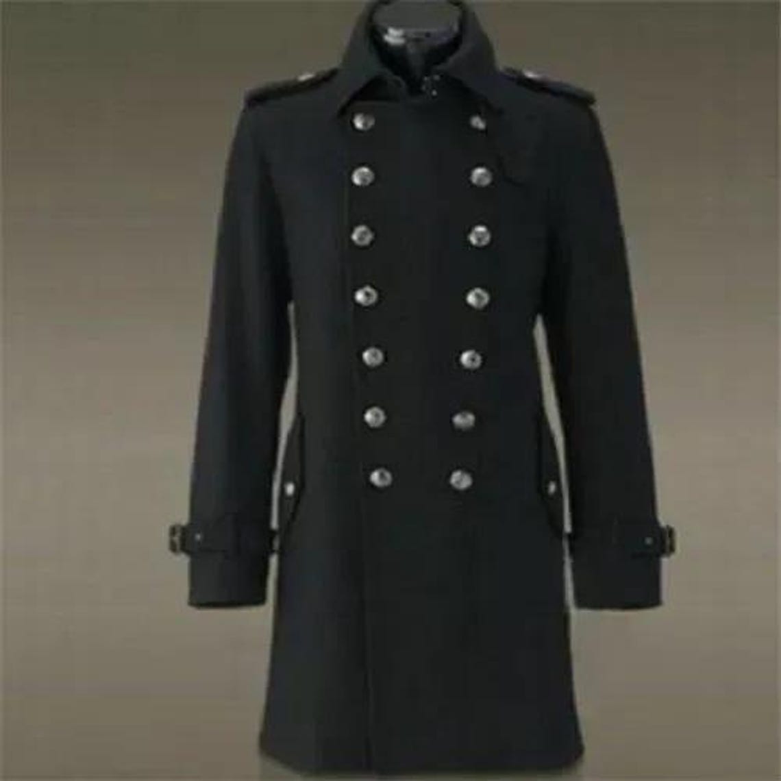 Men Traditional Double Breasted Long Trench Coat Raincoat Wool Military ...
