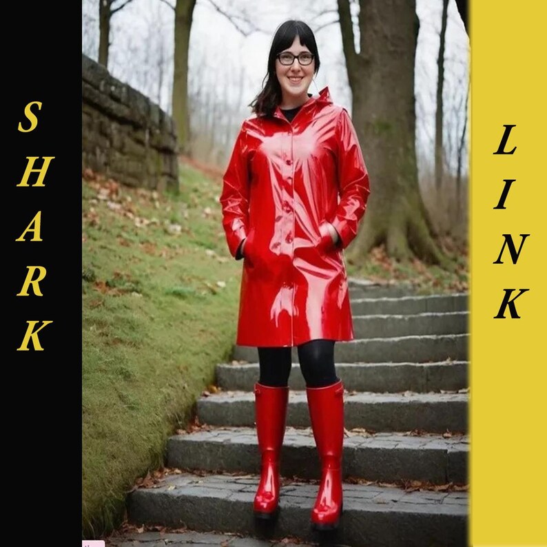 RED PVC Vinyl Coat Hoodie Womens Shinny Long Coat Waterproof Winters ...