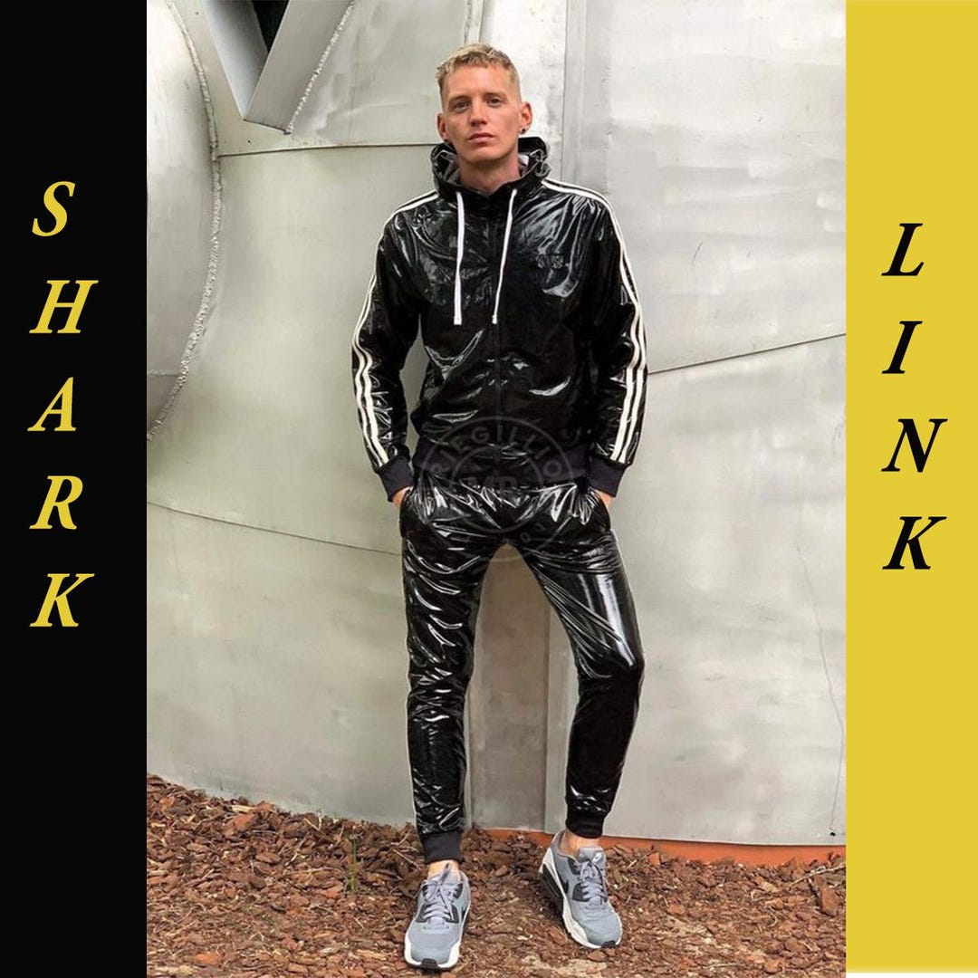 PVC Tracksuit: Glossy Black Hoodie & White Stripes - Etsy