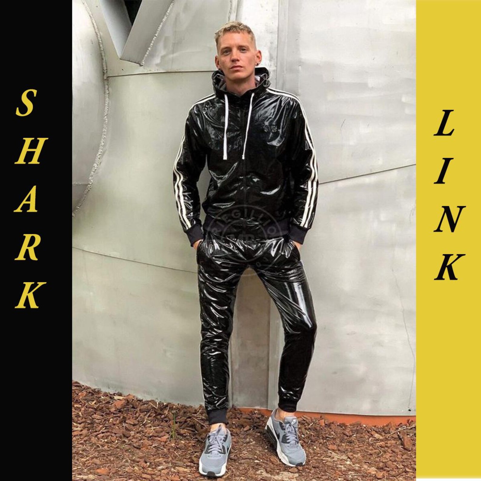 PVC Tracksuit: Glossy Black Hoodie & White Stripes - Etsy