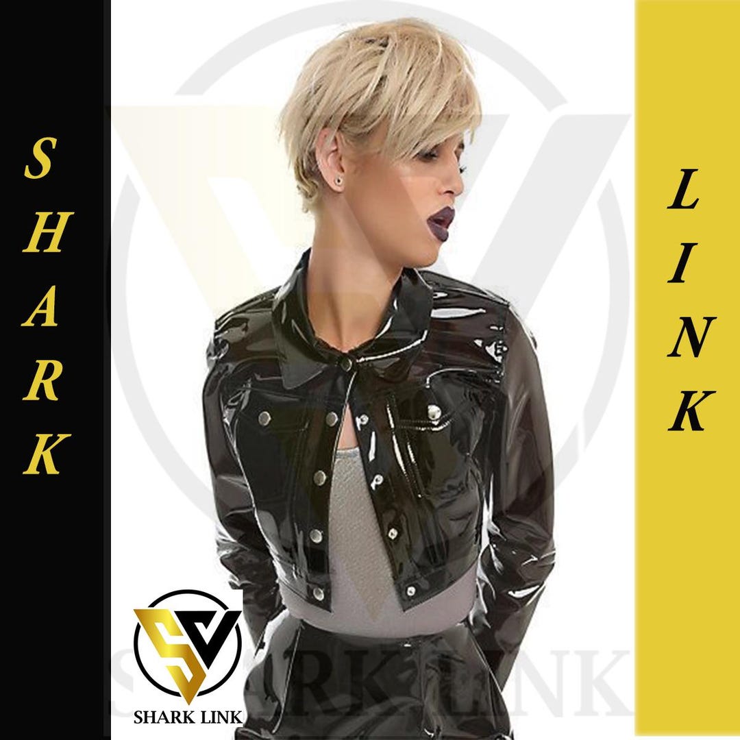 Women Black PVC Jacket Blazer Short Body Vinyl Bomber Trucker Jacket ...