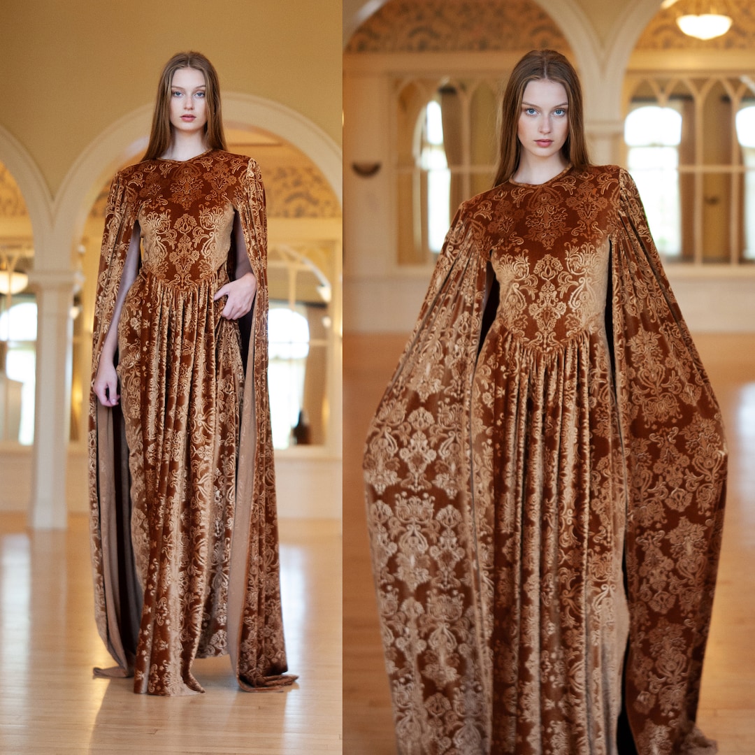 Bronze Embossed Velvet Dress Damask Capelet Dress Dramatic Bridal Dress ...
