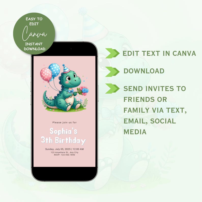 Editable Cute Dinosaur Birthday Invitation, Adorable Prehistoric Invite ...