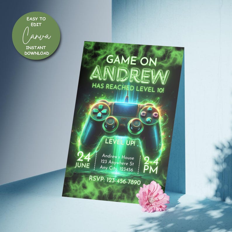 Editable Video Game Birthday Invitation, Level up Invite, Green Neon ...