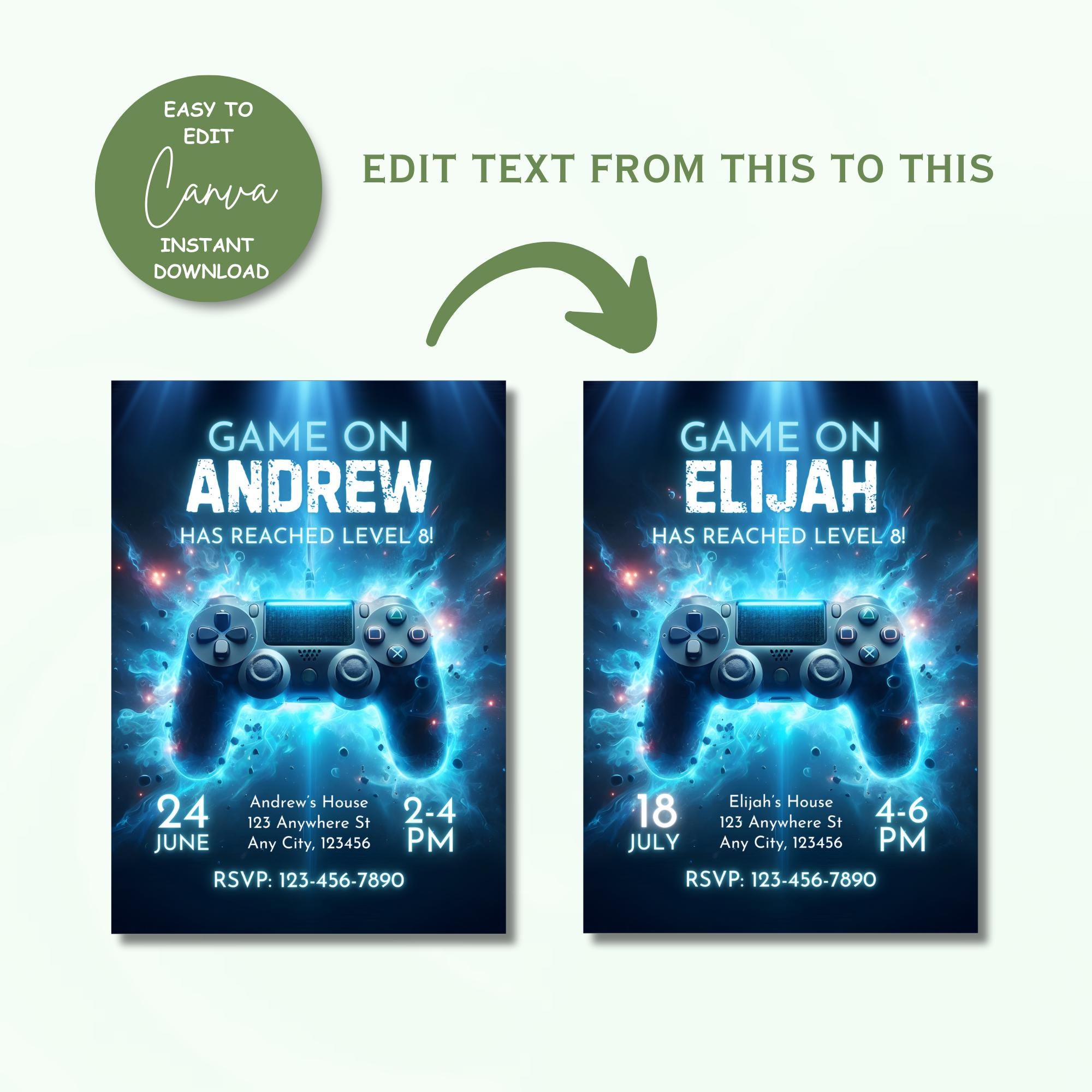 Editable Video Game Birthday Invitation, Level up Invite, Blue Neon ...
