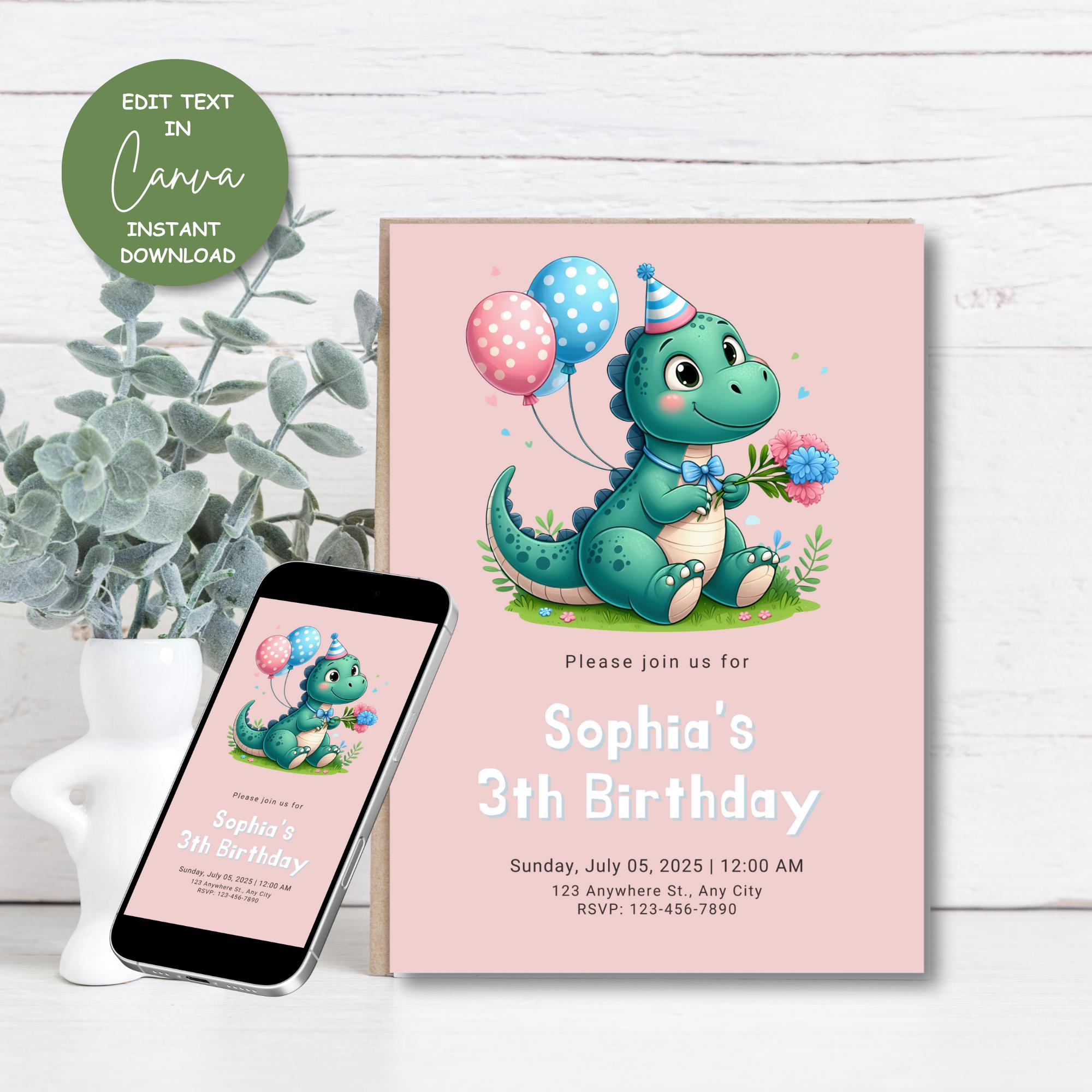 Editable Cute Dinosaur Birthday Invitation, Adorable Prehistoric Invite ...
