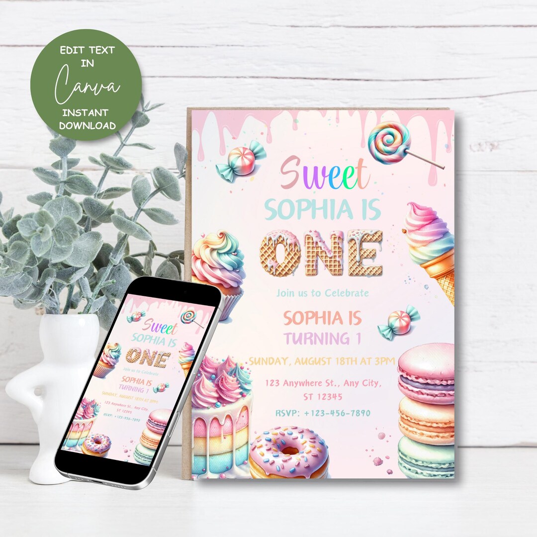 Editable Sweet One Birthday Invitation, Candy Party 1st Invite ...