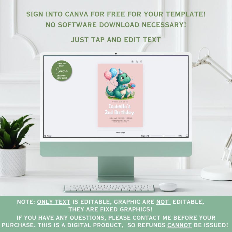 Editable Cute Dinosaur Birthday Invitation, Adorable Prehistoric Invite ...