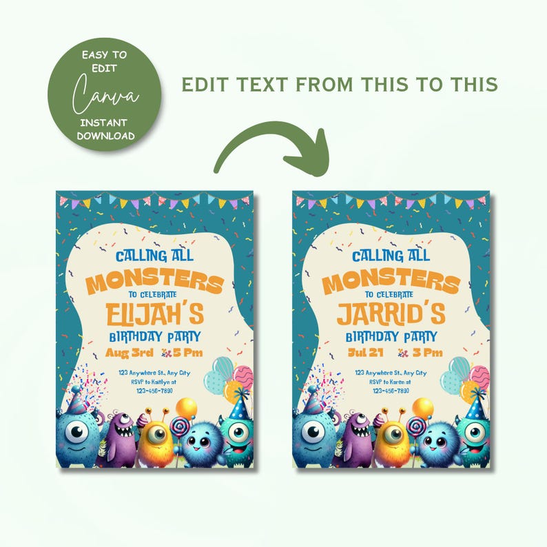 Editable Monster Birthday Invitation, Cute Party Template, Digital ...