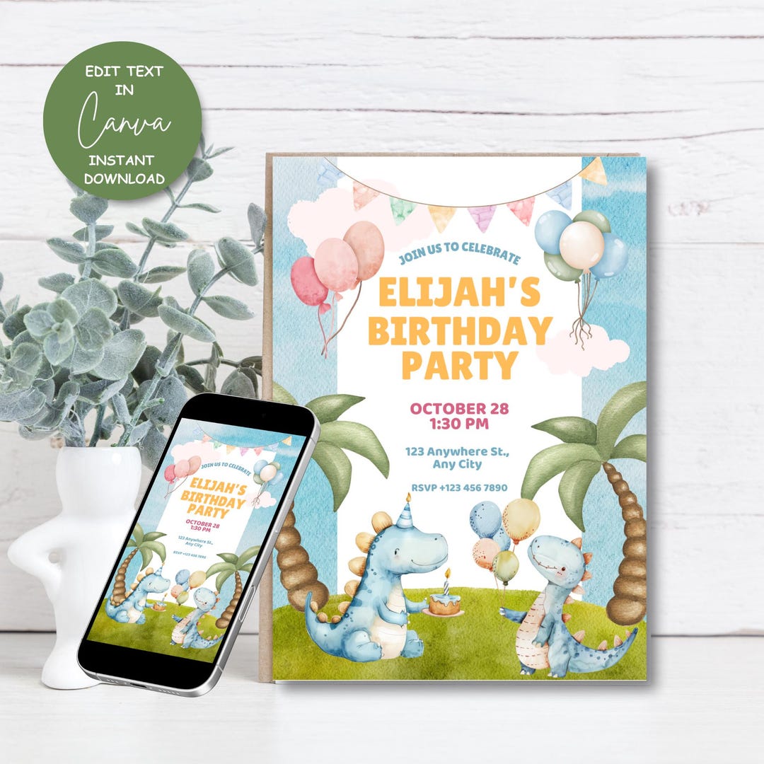 Editable Cute Dinosaur Birthday Invitation, Adorable Prehistoric Invite ...