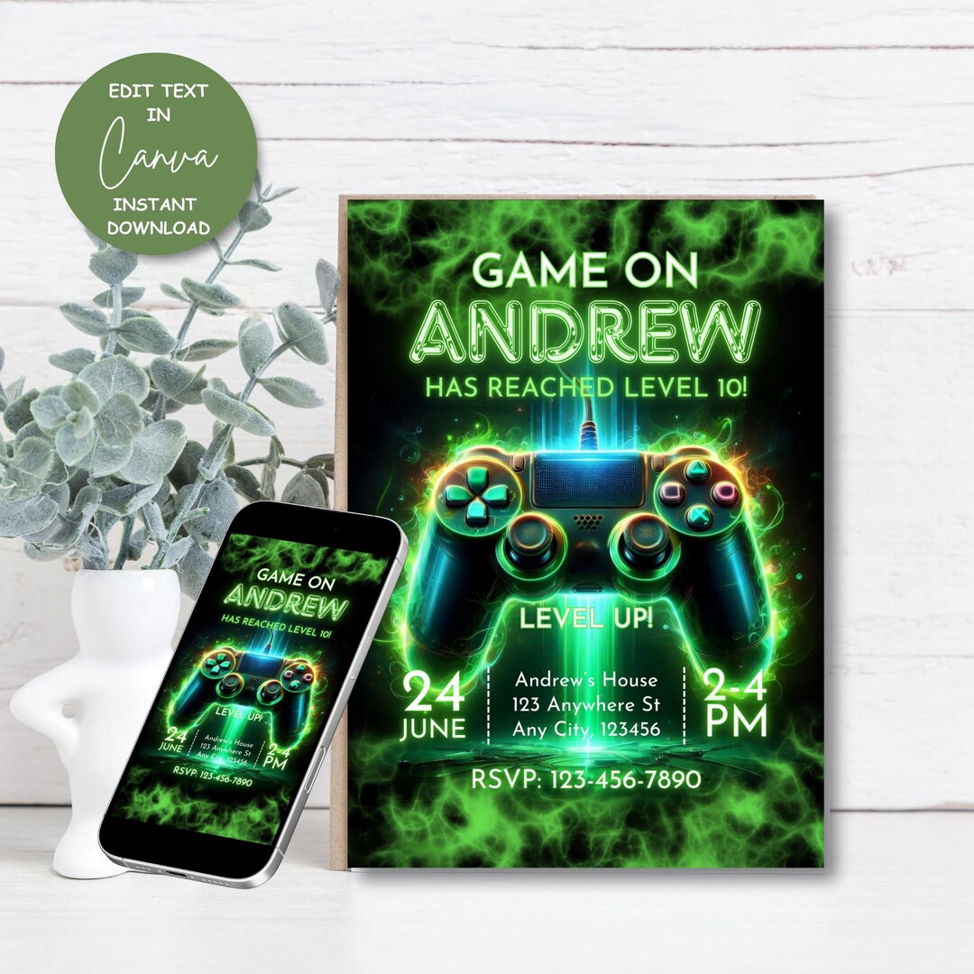 Editable Video Game Birthday Invitation, Level up Invite, Green Neon ...