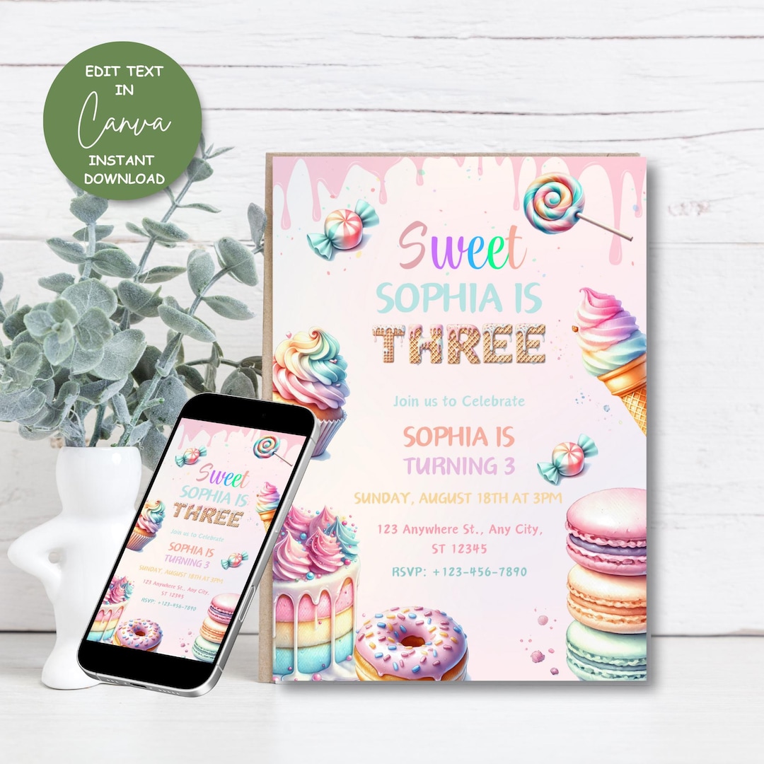 Editable Sweets Three Birthday Invitation, Candy 3rd Invite, Icecream ...