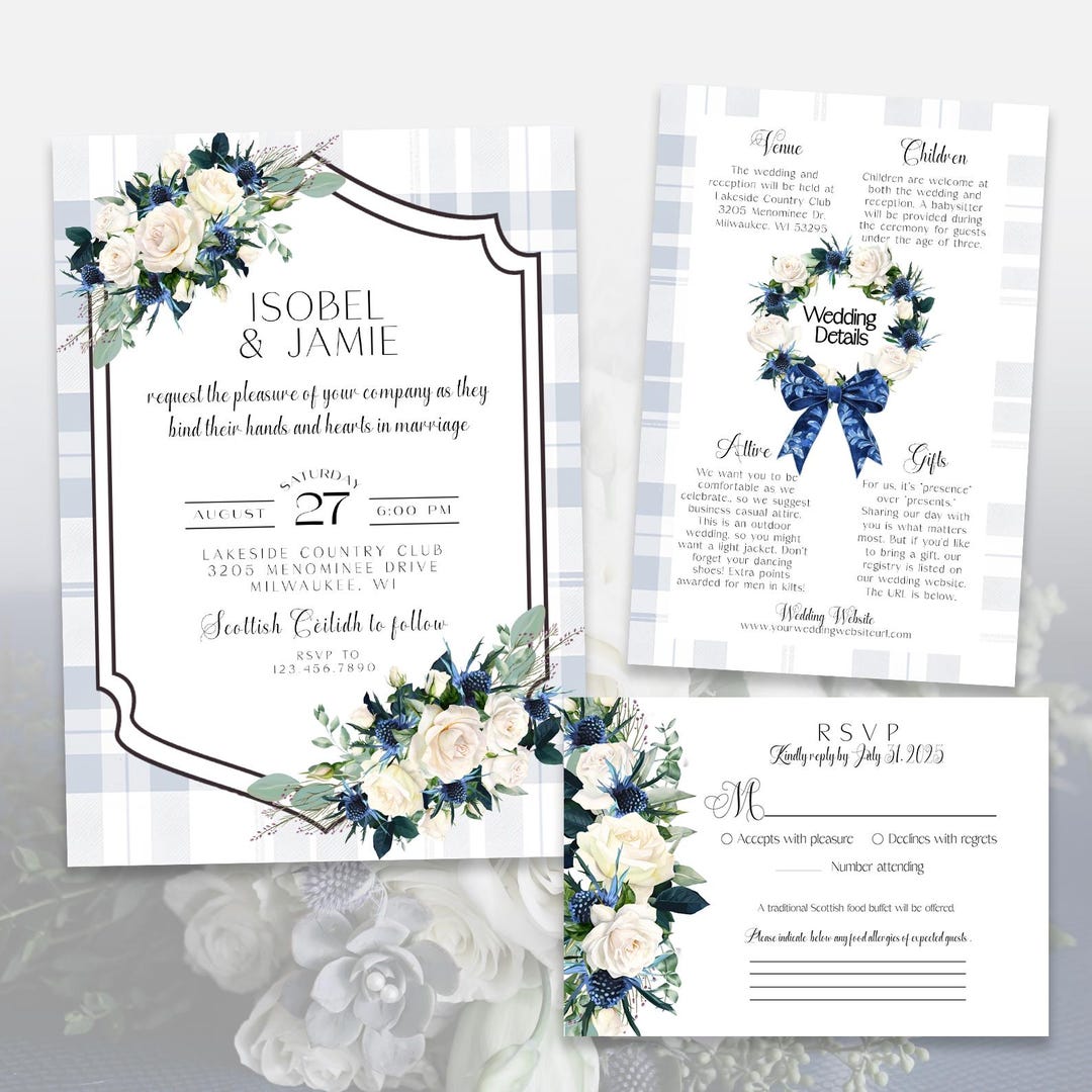 Scottish Wedding Invitation Set, Rustic Blue Thistle & Greenery ...