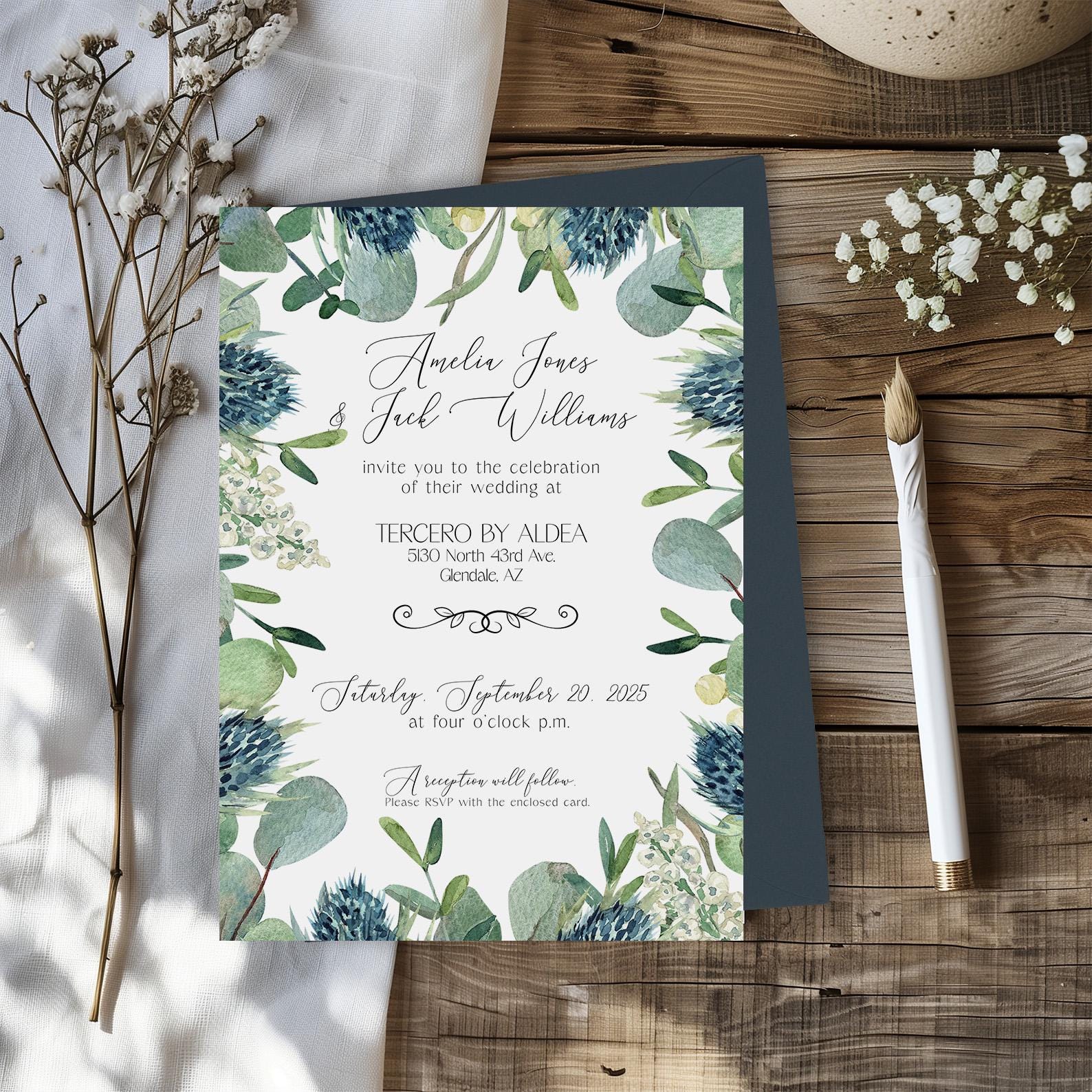 Blue & Green Thistle Wedding Invitation, Rustic Watercolor Blue Thistle ...