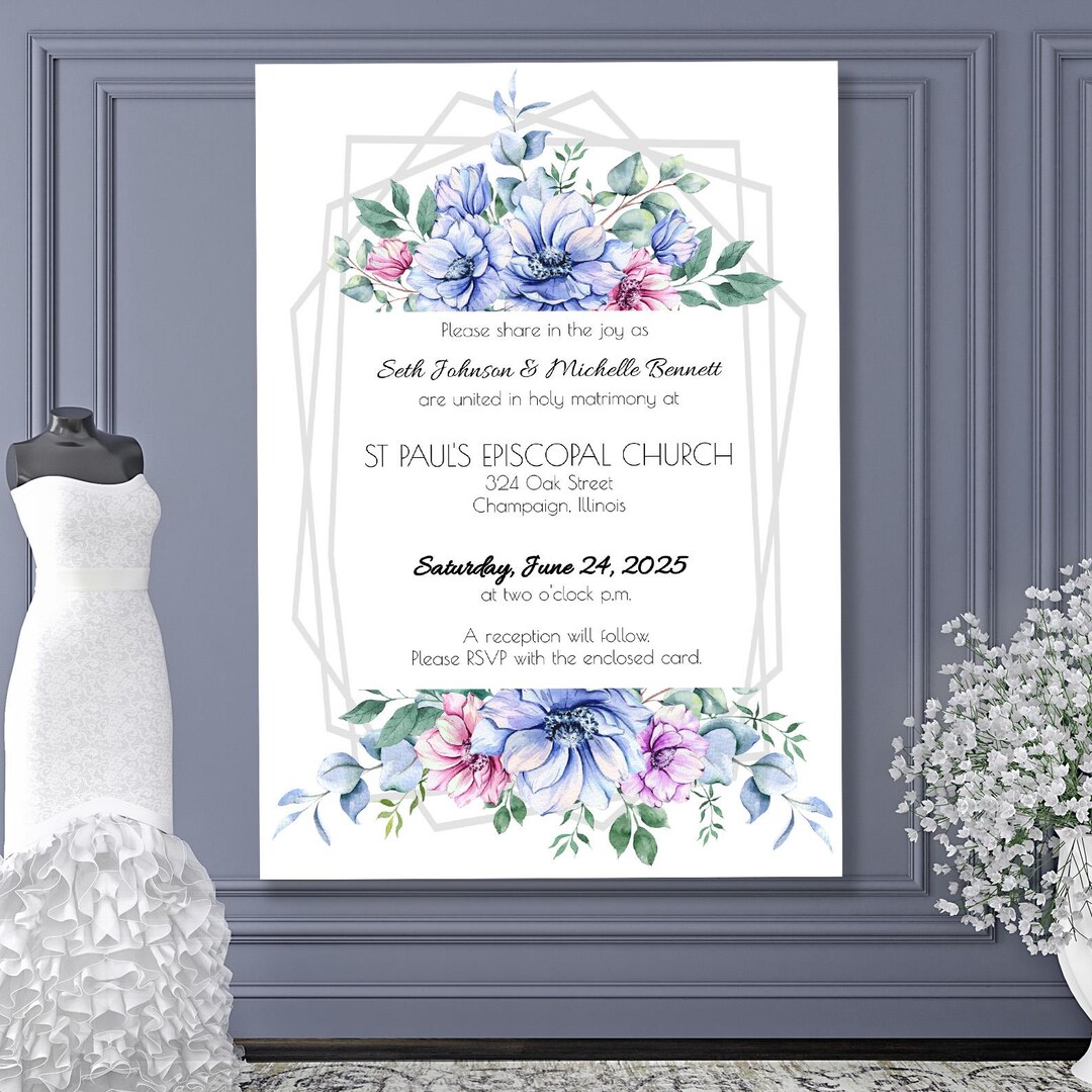 Elegant Blue & Pink Invitation Template, Printable Blush Garden Floral ...