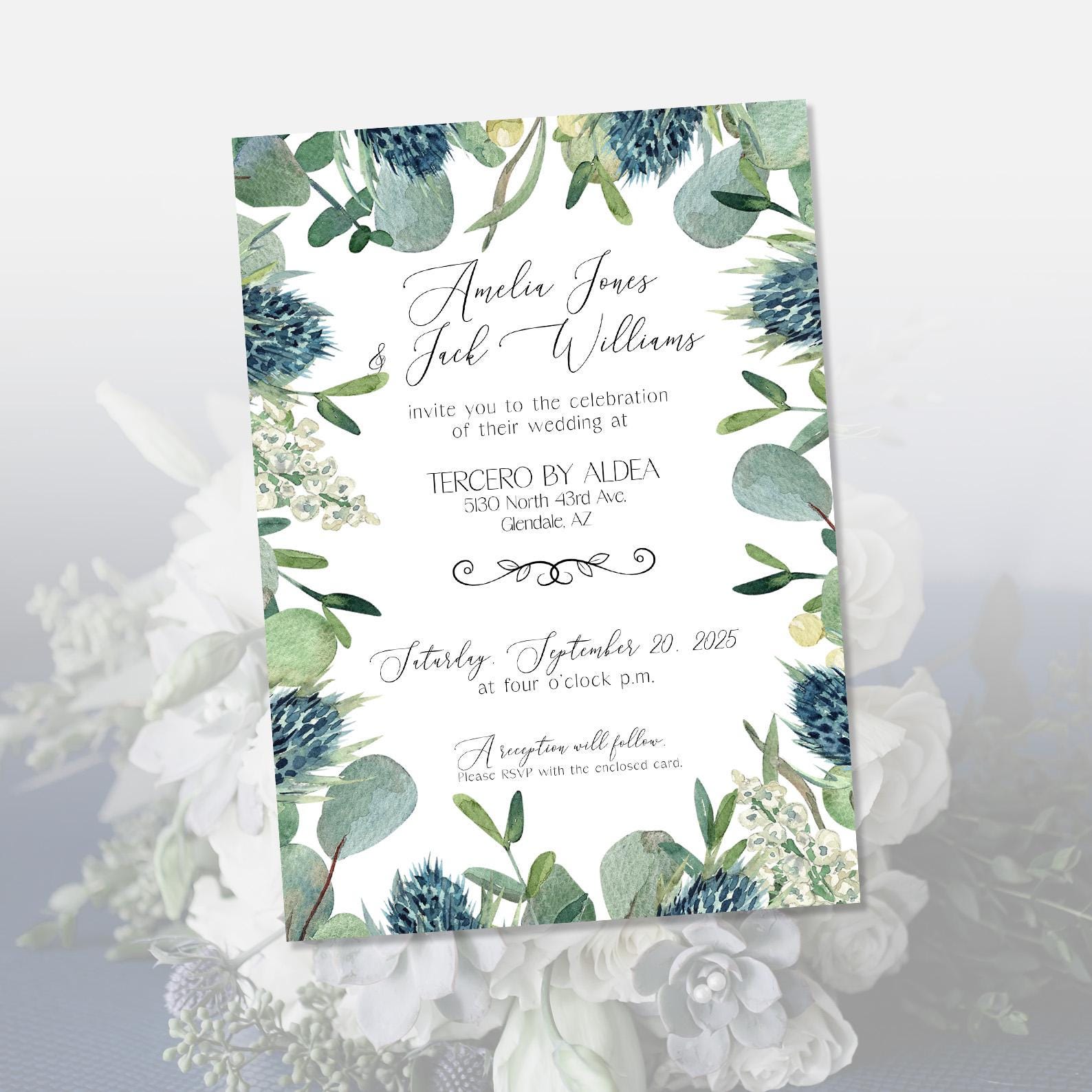 Blue & Green Thistle Wedding Invitation, Rustic Watercolor Blue Thistle ...