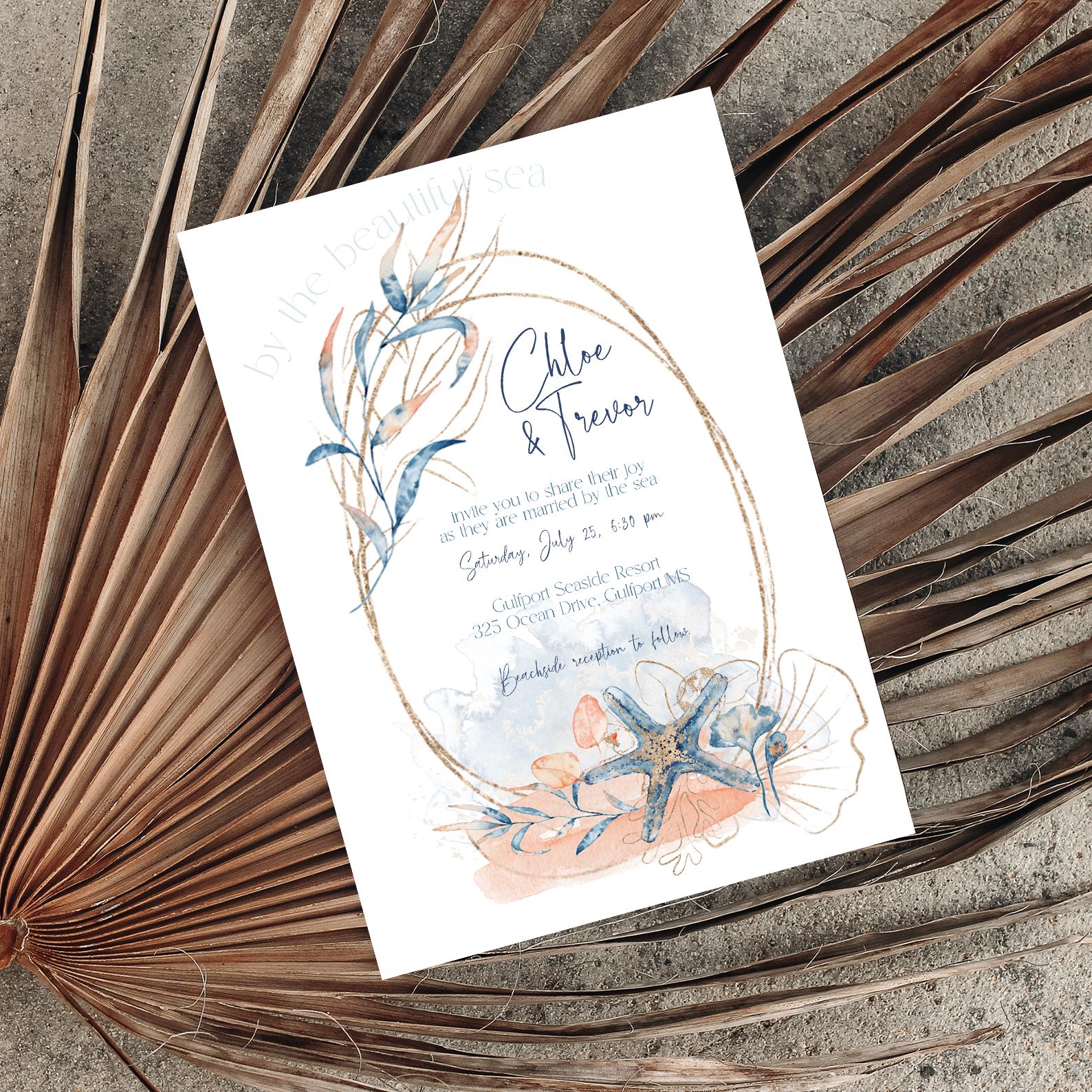 Coastal Wedding Invitation, Beach Wedding Invite, Boho Ocean Themed ...