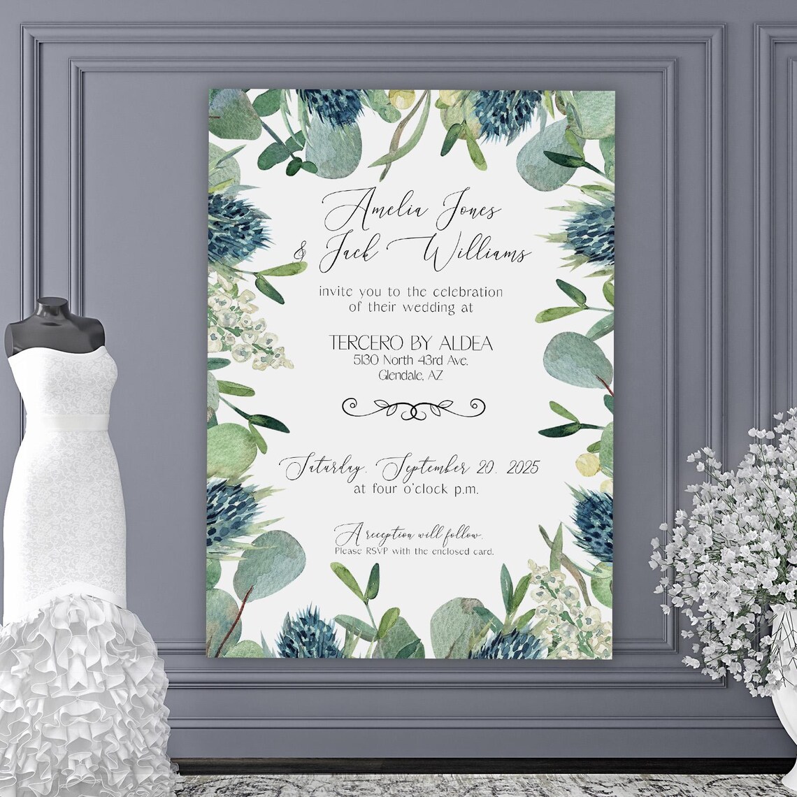 Blue & Green Thistle Wedding Invitation, Rustic Watercolor Blue Thistle ...