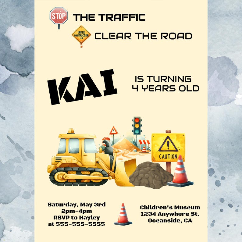 Construction Birthday Invitation: Dump Truck, Excavator (digital ...