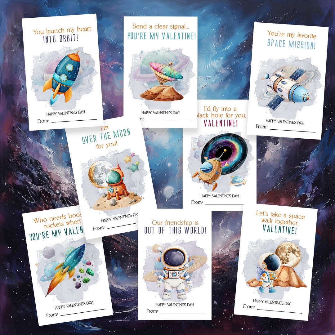 Outer Space Valentines for Kids Classroom – Printable Set of 8 ...