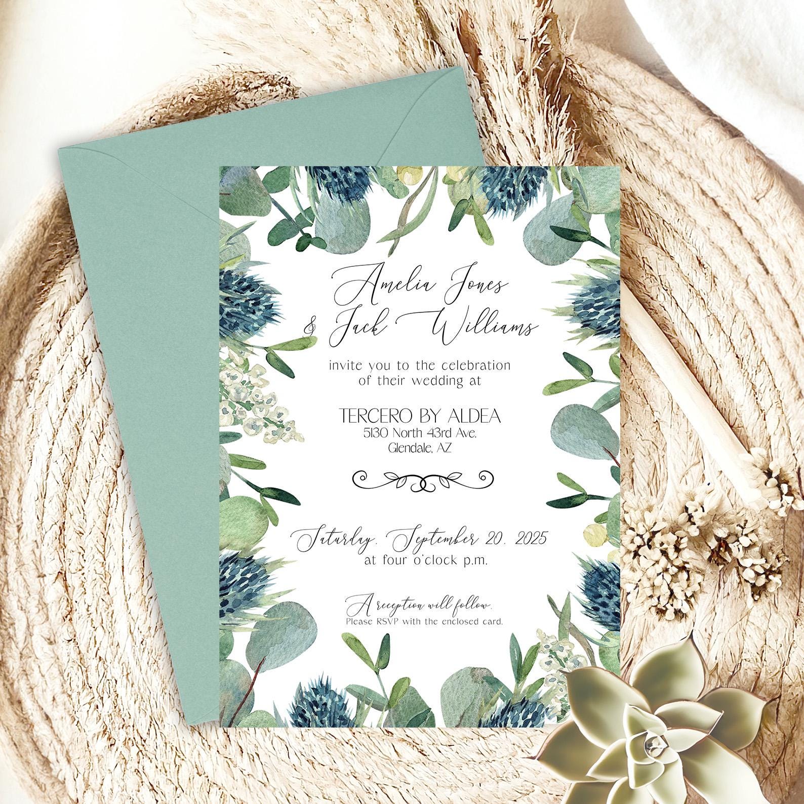 Blue & Green Thistle Wedding Invitation, Rustic Watercolor Blue Thistle ...