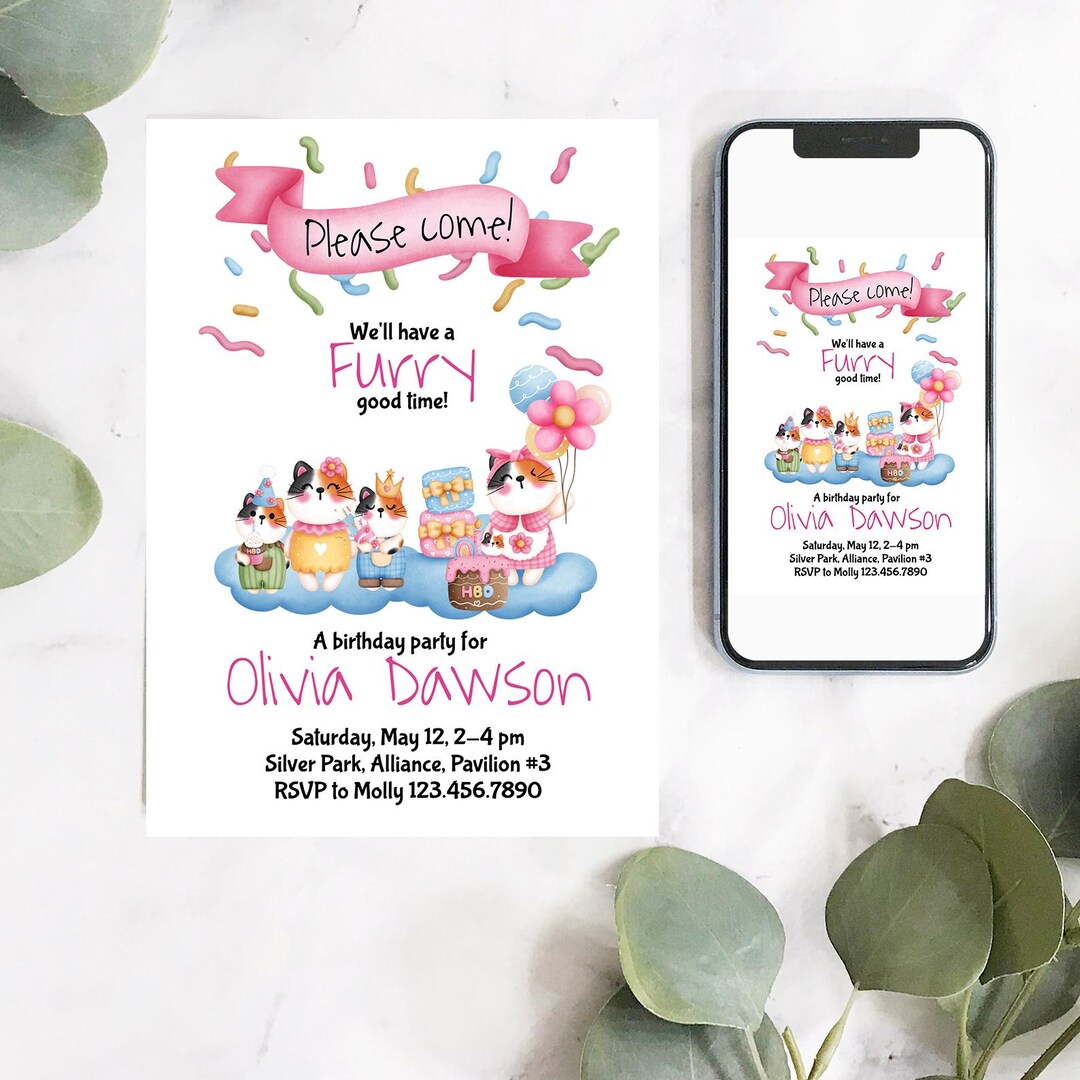 Cat Birthday Invitation: Furry Good Time, Pink & Purple (digital ...