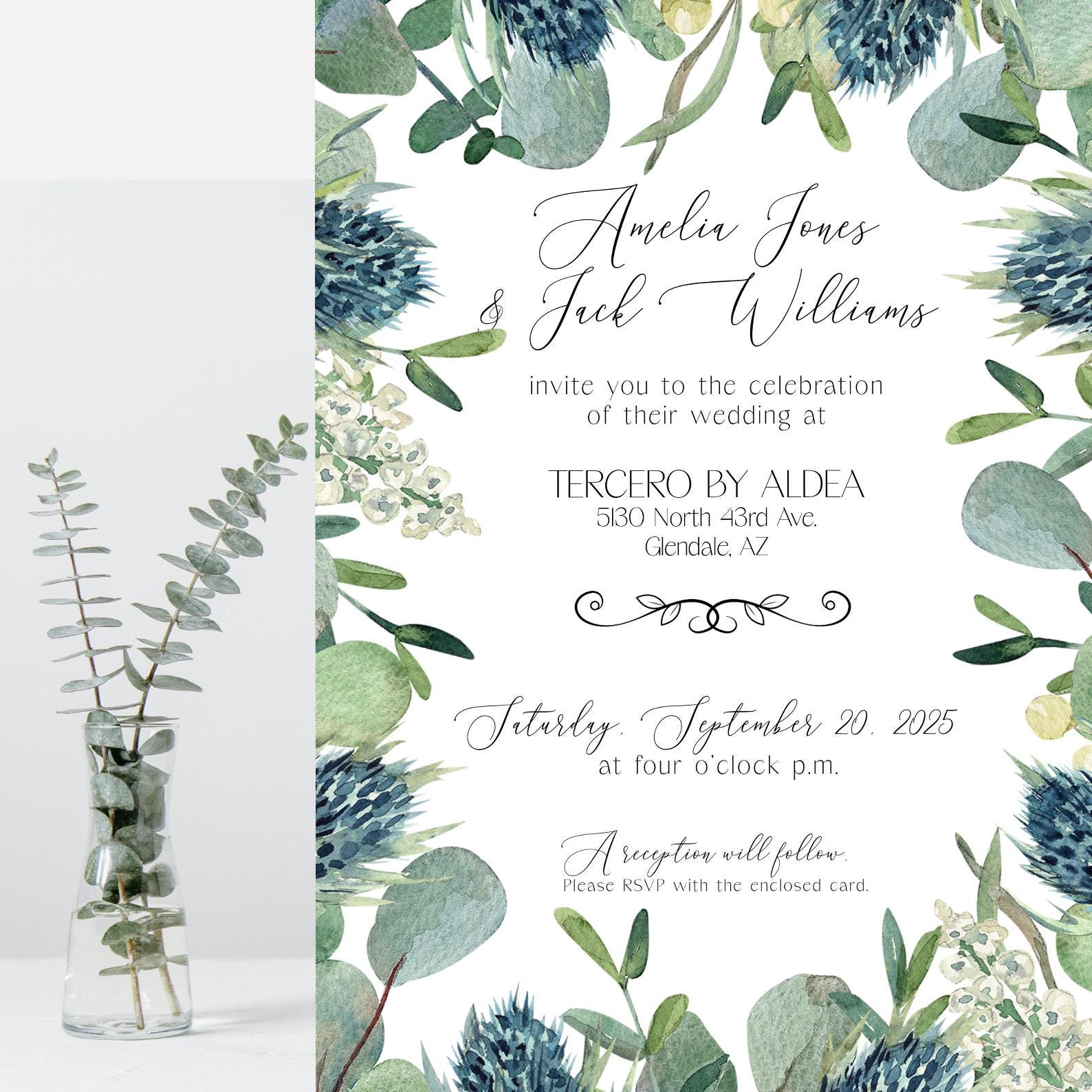Blue & Green Thistle Wedding Invitation, Rustic Watercolor Blue Thistle ...