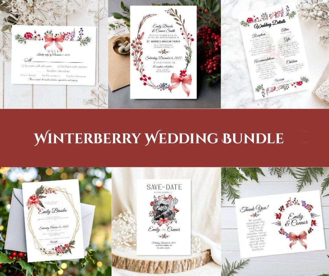 Red Berry Christmas Wedding Invitation Bundle: Winter Holly (instant ...