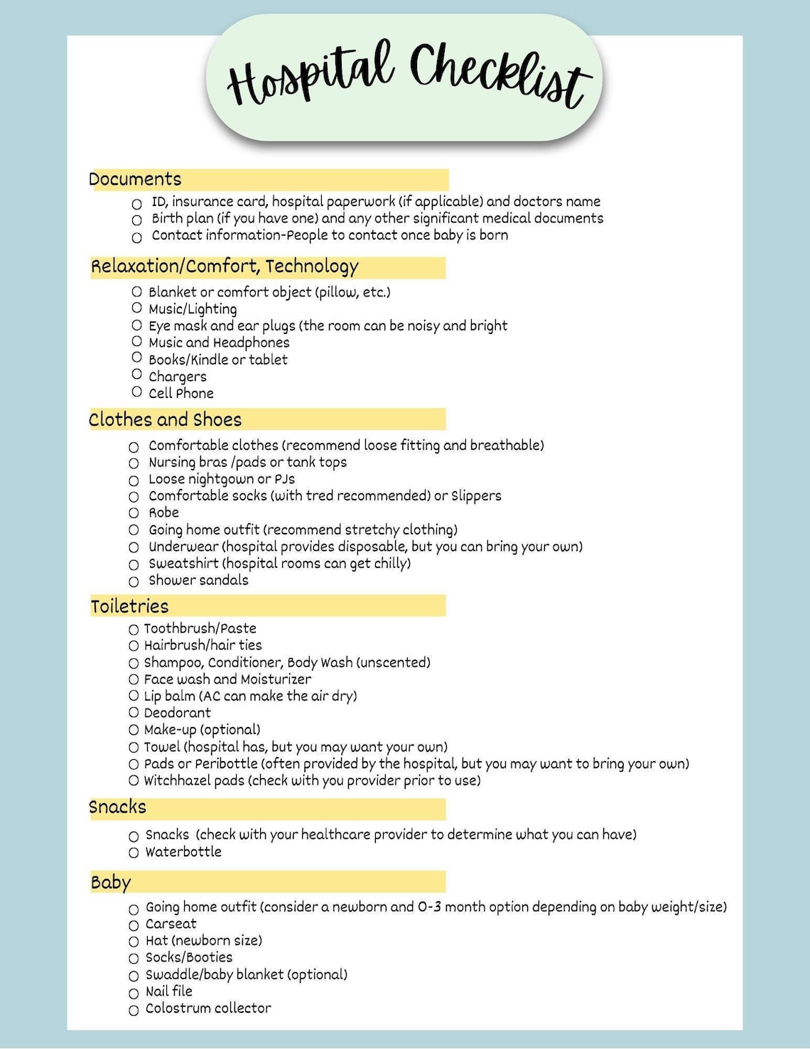 Hospital BABY Delivery Checklist - Etsy