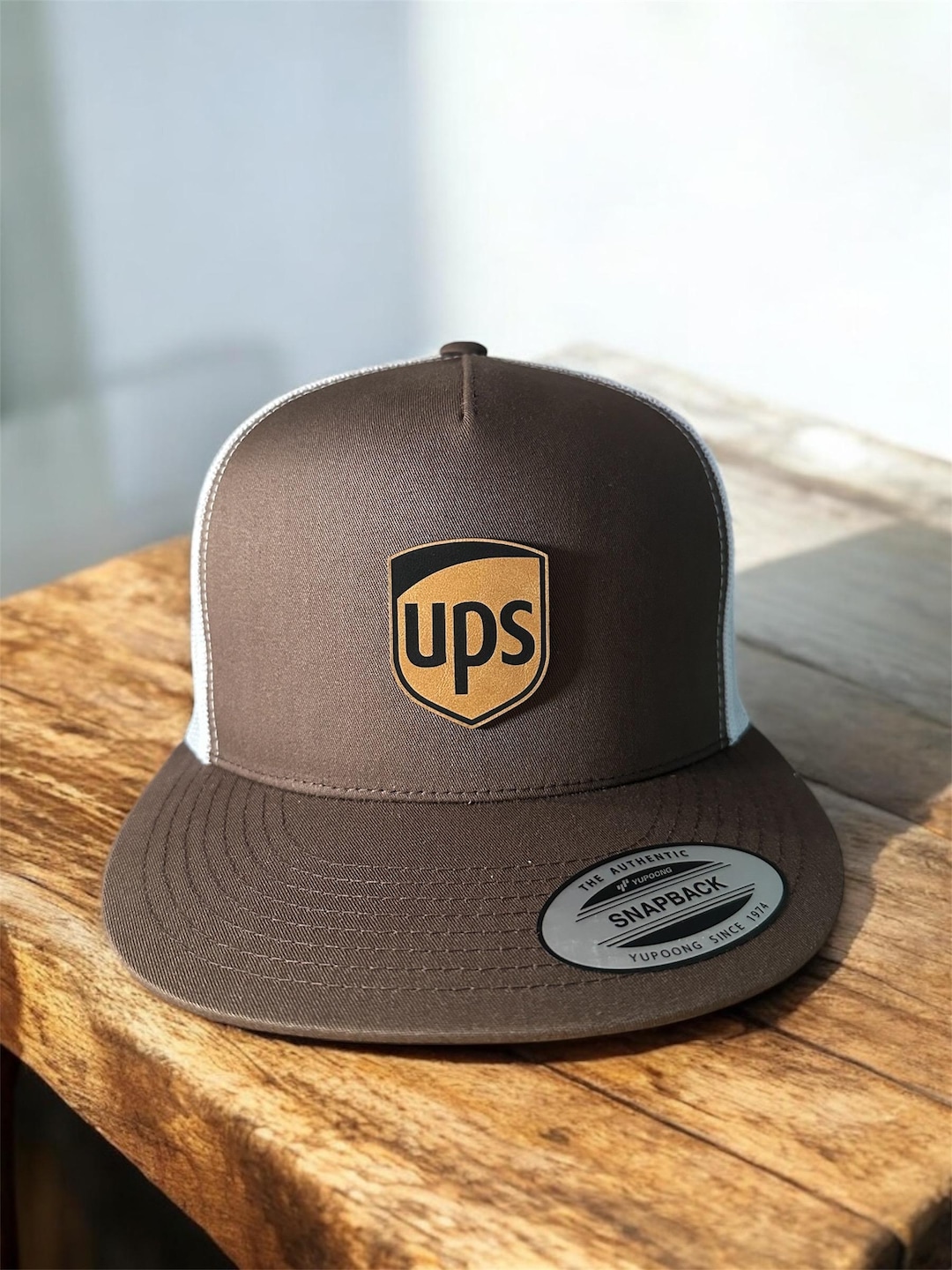 UPS Trucker Hat With Leather Style Patch Yupoong 6006 Flat Bill Trucker ...