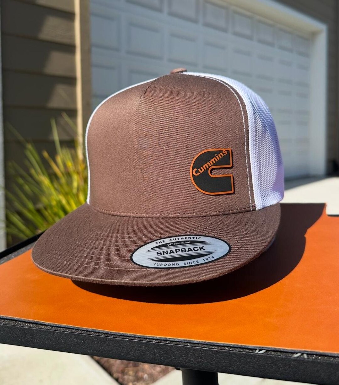 Cummins Turbo Diesel Trucker Hat With Leather Style Patch Yupoong 6006 Flat Bill Trucker Hat ...