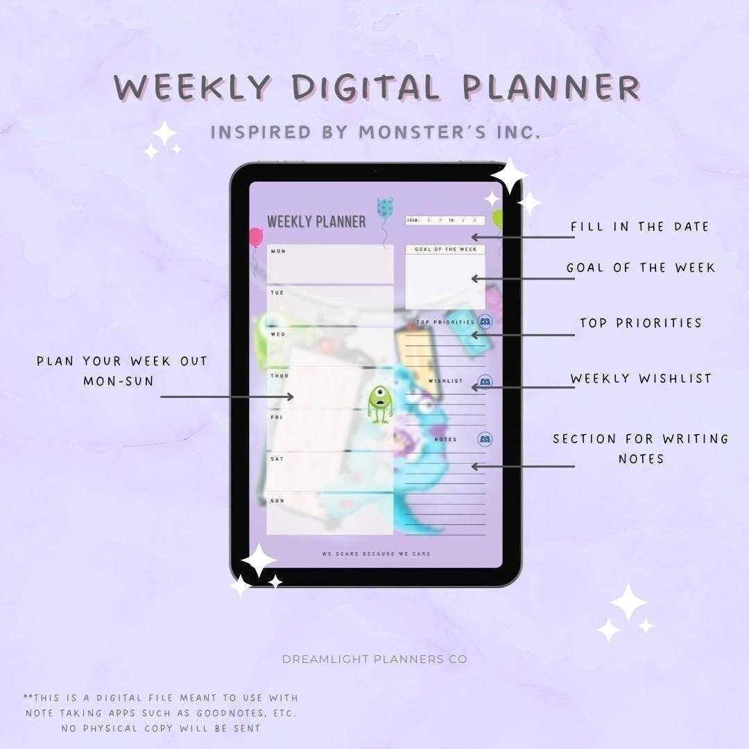 Monsters Weekly Cute Digital Goodnotes Planner Daily To-do List Checker ...