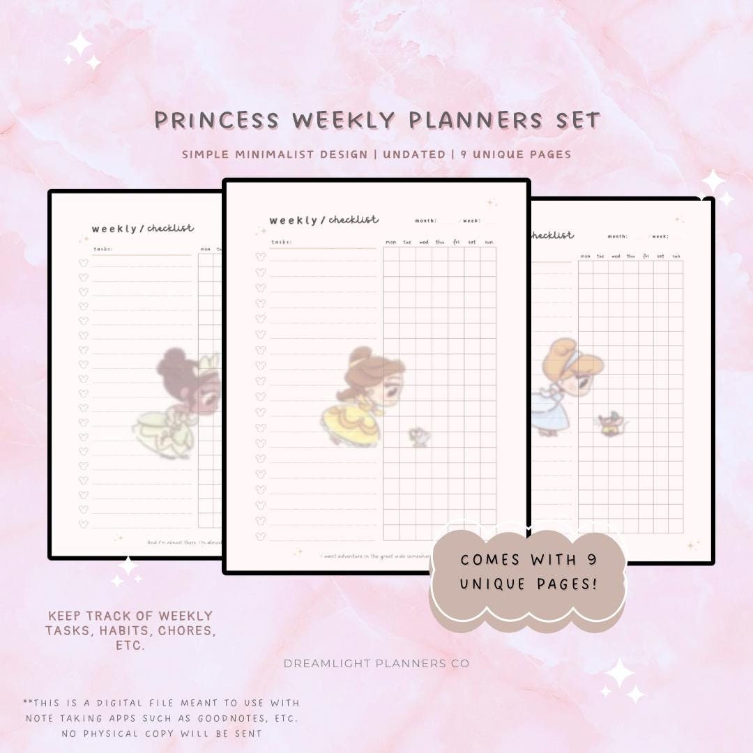 Princess Digital Weekly Planner, Pastel Task Tracker, Kawaii Pink ...