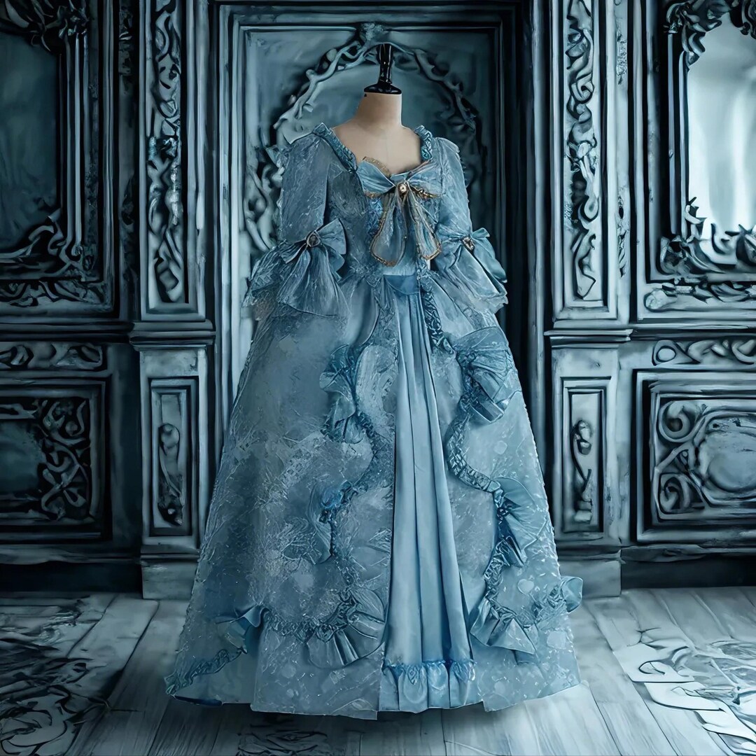18th Century Rococo Dress, Elegant Blue Ball Gown, Lace Court Costume ...