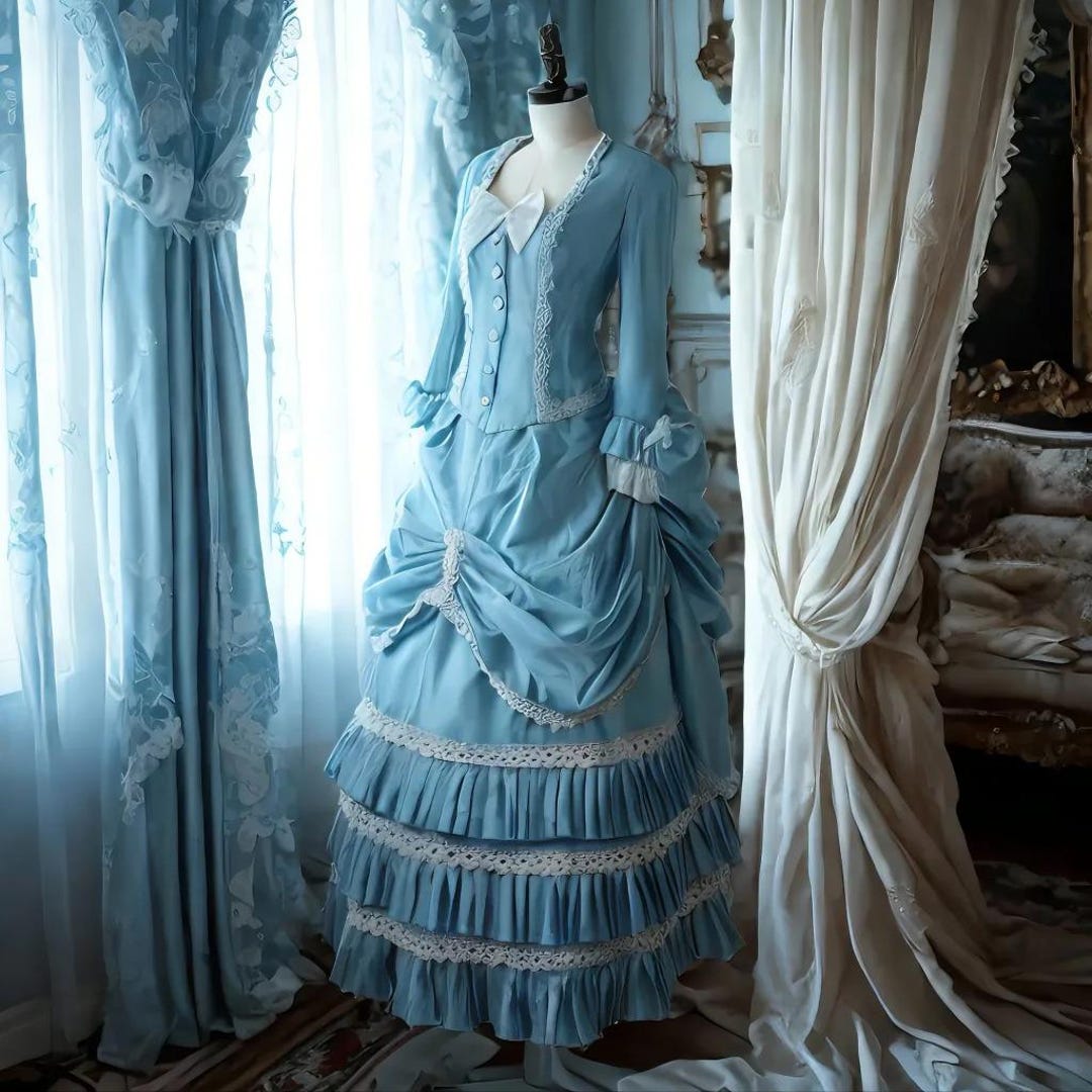 18th Century Blue Rococo Dress Victorian Lace Gown, Elegant Period ...