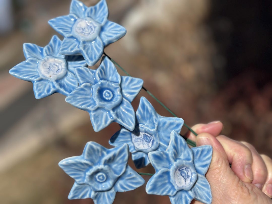 Set of 6 BLUE Ceramic Flowers Plant Stake / Daffodils Yard Art ...